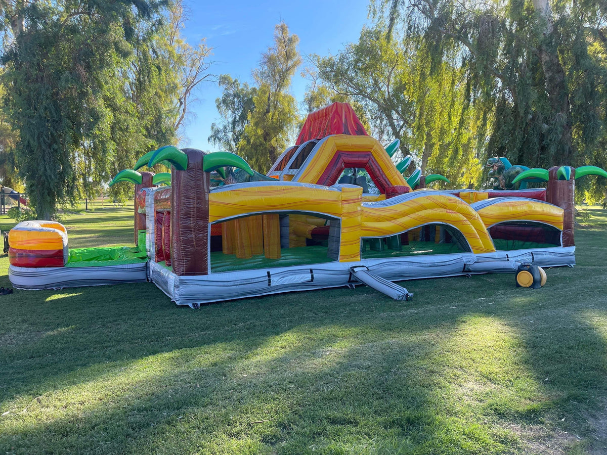 80' Jurassic Wrap Around Dual Lane Obstacle course with Water Slide We ...